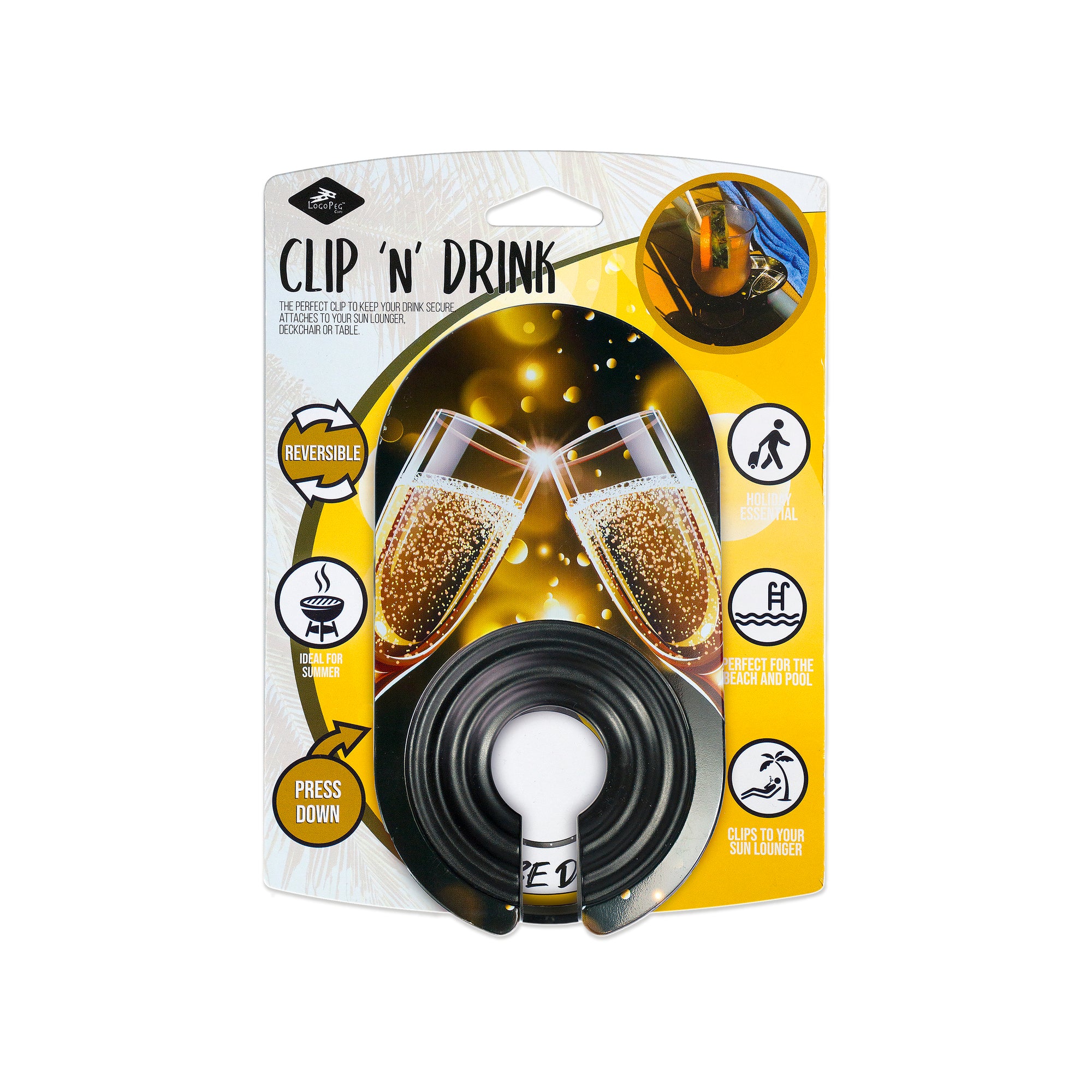 Champagne & Beer Clip ‘N’ Drink.– Logo Pegs